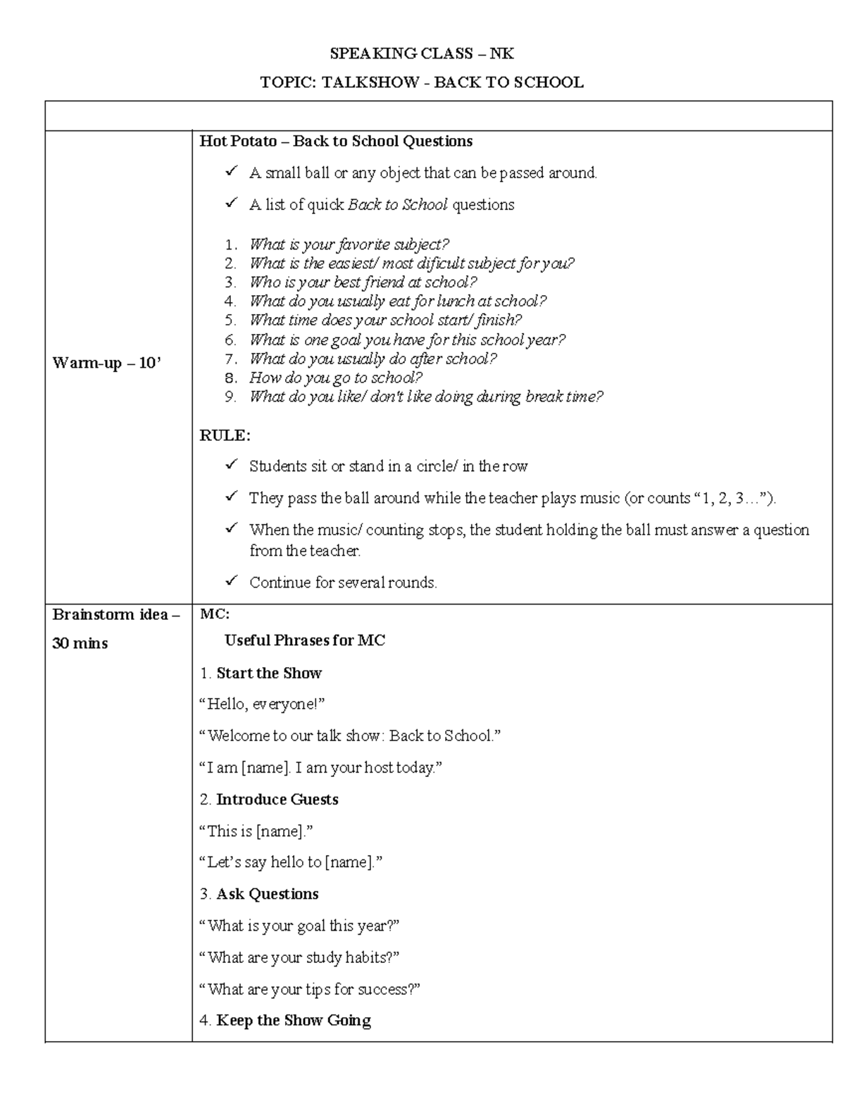 BACK TO SCHOOL NK - Speaking Class Talk Show Activity - Studocu