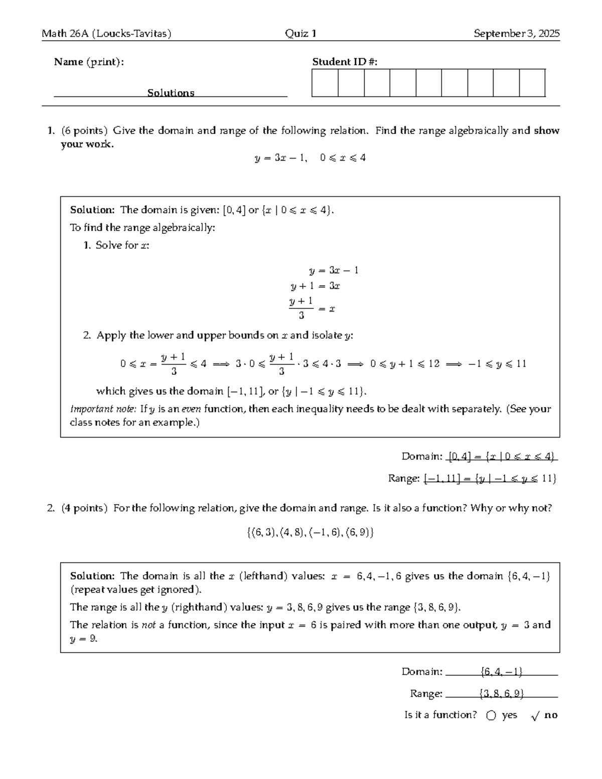 Math 26A Quiz 1 Solutions: Domain & Range Analysis - Studocu