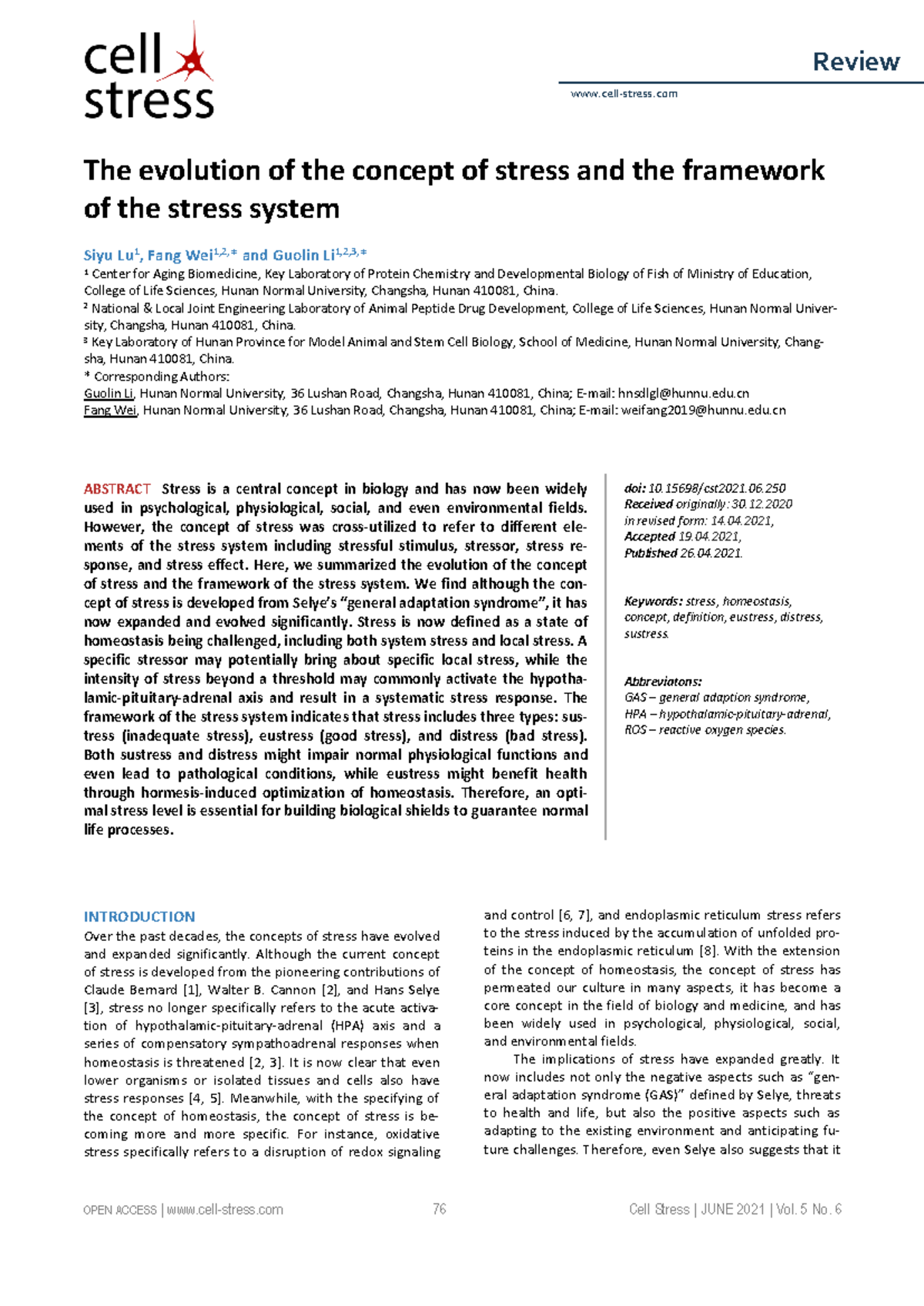 Evolution of Stress: Conceptual Framework and Biological Implications ...