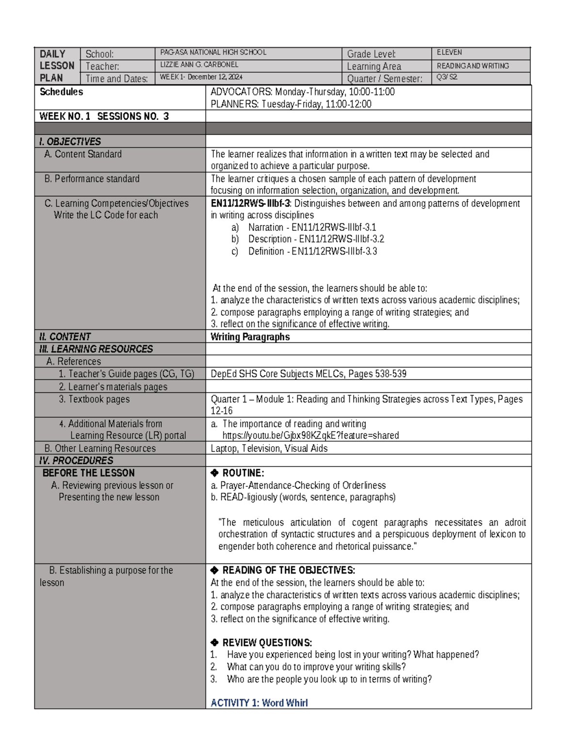 LP RAW 3 - LESSON PLAN IN SHS - DAILY LESSON PLAN School: PAG-ASA ...
