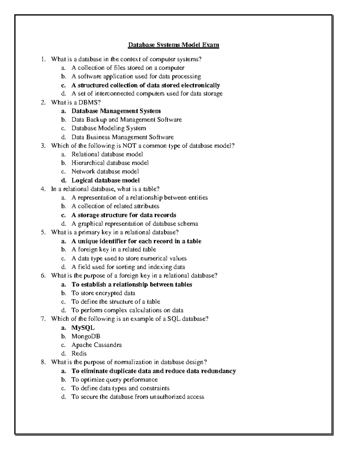 Database Systems Model Exam Answers - Studocu