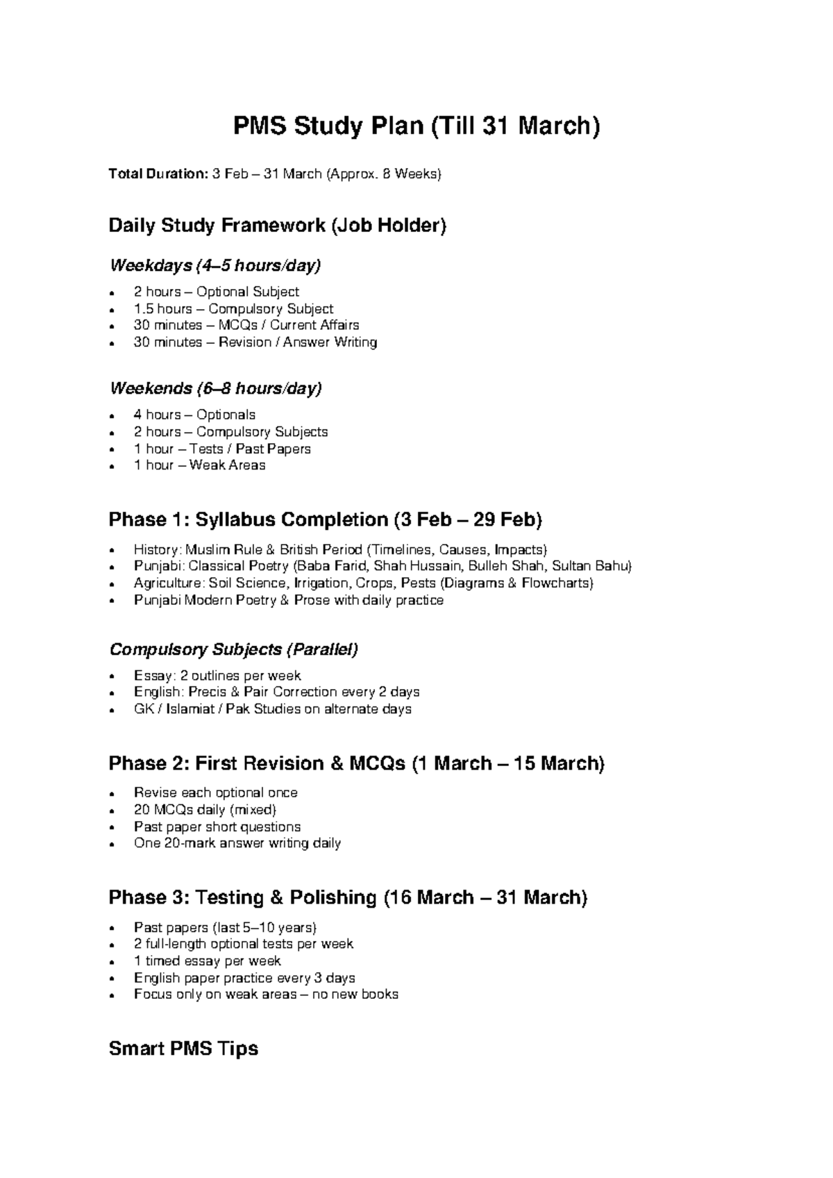 PMS Study Plan: Daily Framework & Revision Strategy (Feb-Mar) - Studocu