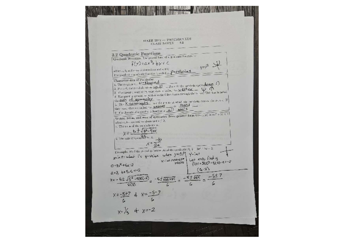 MATH 2312 PRECALCULUS CLASS NOTES: Quadratic Functions Overview - Studocu