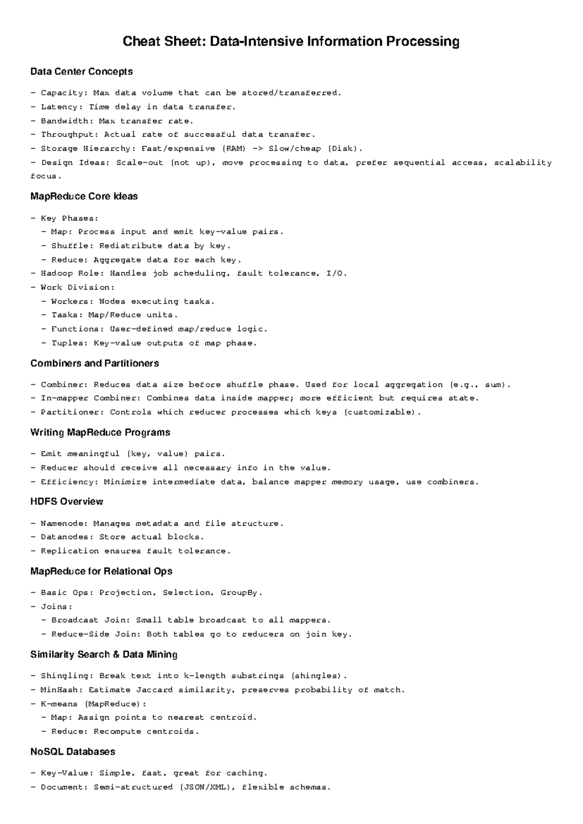 CS Course Summary: Key Concepts in Information Processing & MapReduce ...