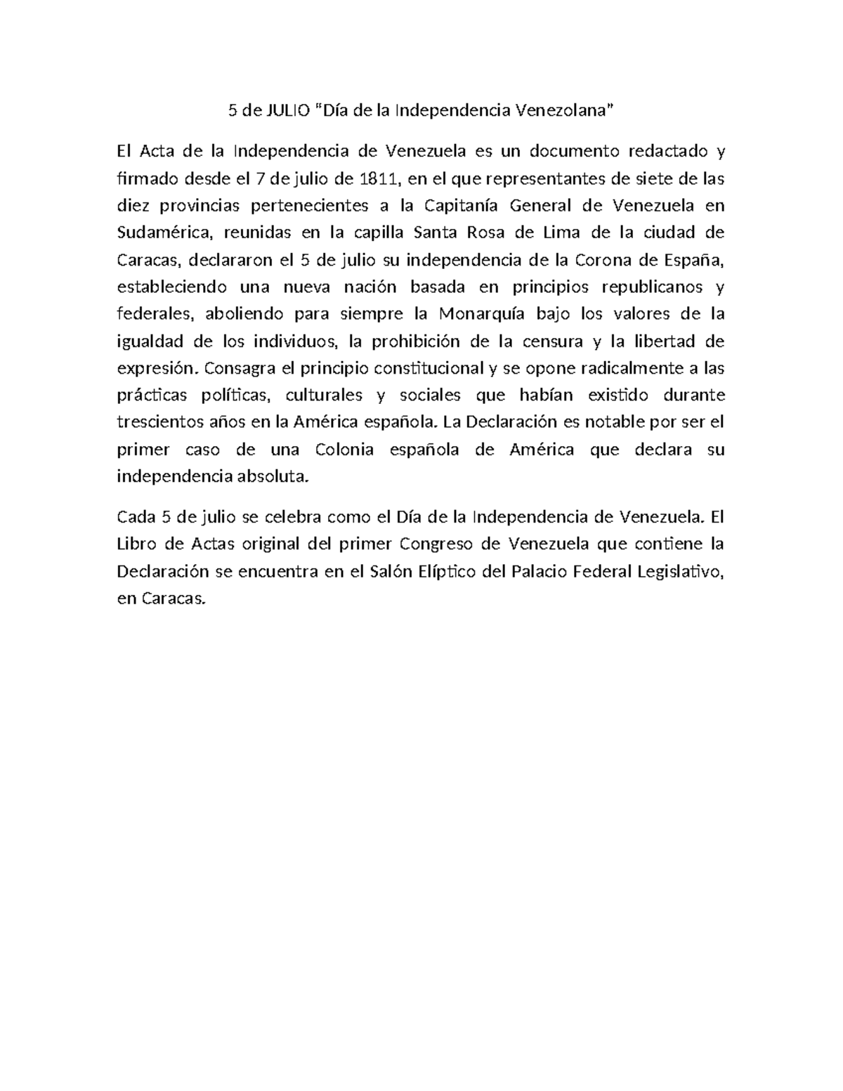 Acta de la Independencia de Venezuela - 5 de Julio - Studocu