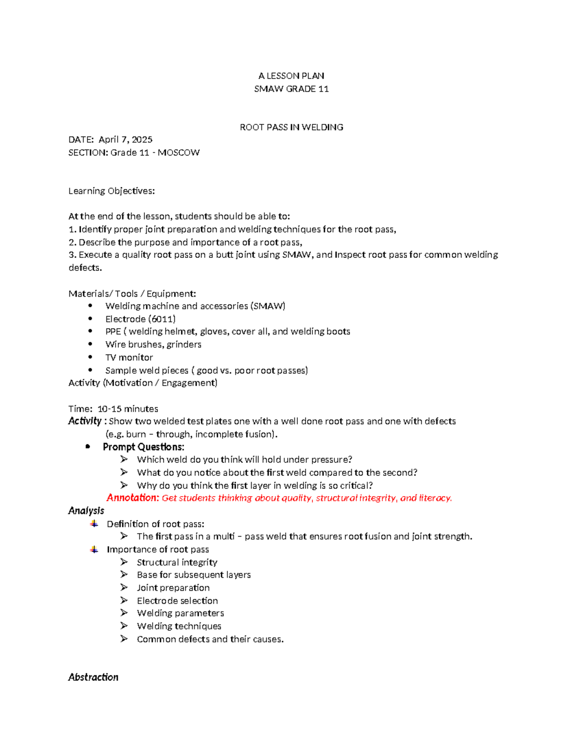 A LESSON PLAN ON SMAW ROOT PASS FOR GRADE 11 - Studocu