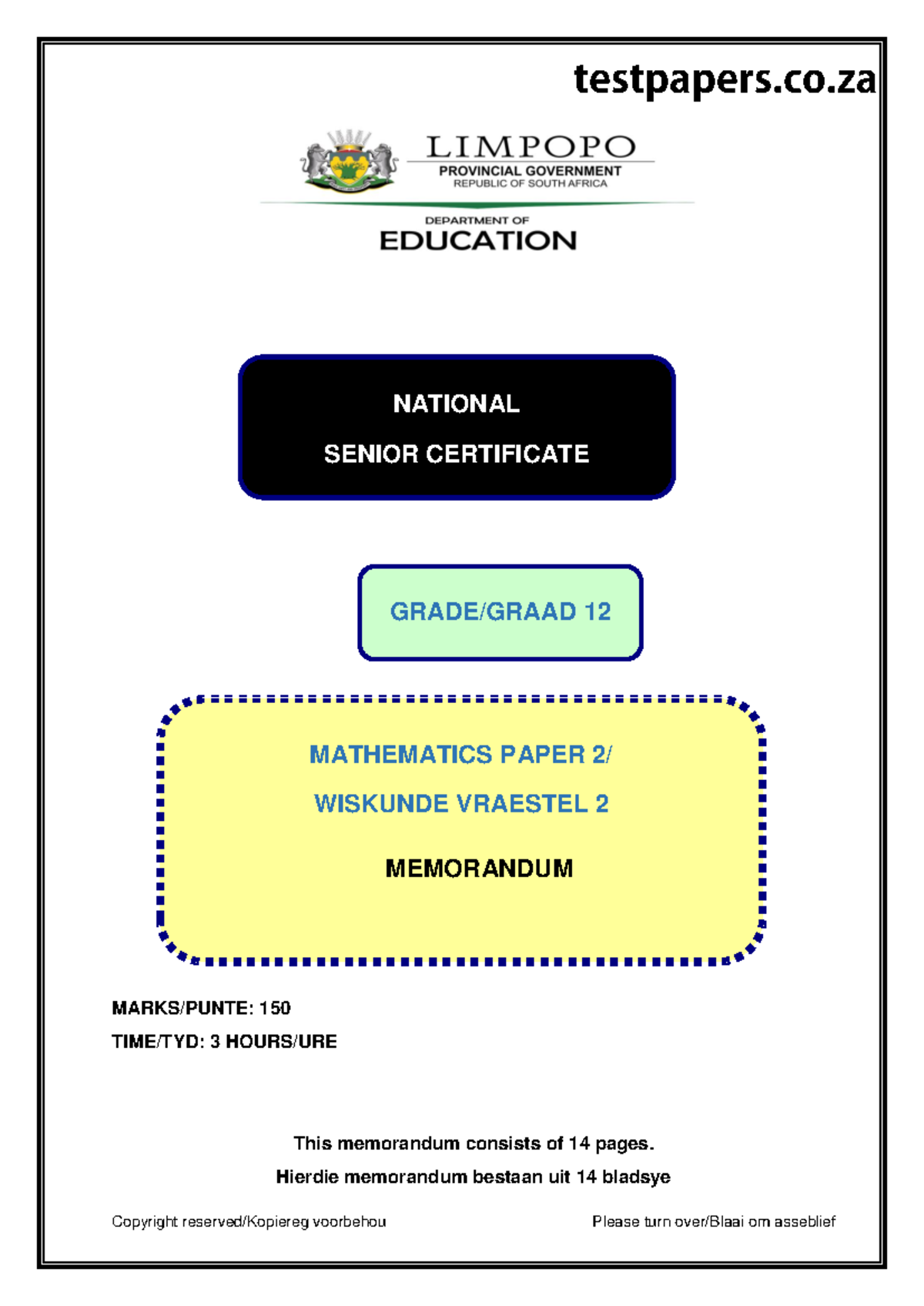 2018 NSC Grade 12 Mathematics P2 Trial Exam Memo - Studocu