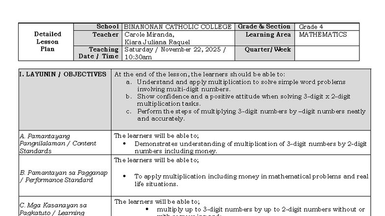 DLP MATH G4 - Comprehensive Lesson Plan on Multiplication for Grade 4 ...