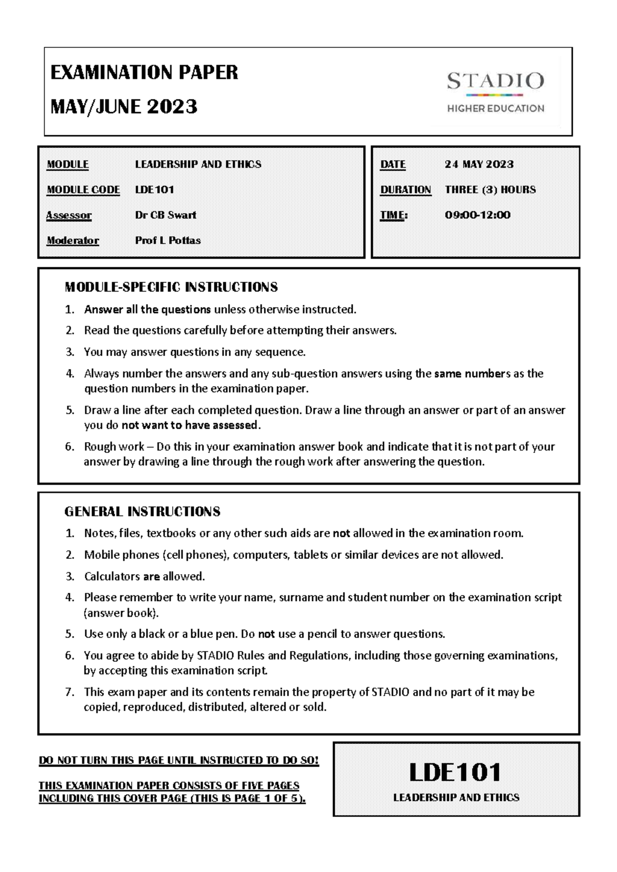 LDE101 2023 Leadership and Ethics Exam Paper - Studocu