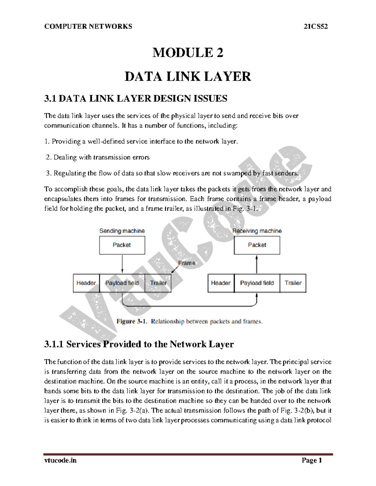 VTU 2 - Data Link Layer Design Issues and Error Control Concepts - Studocu