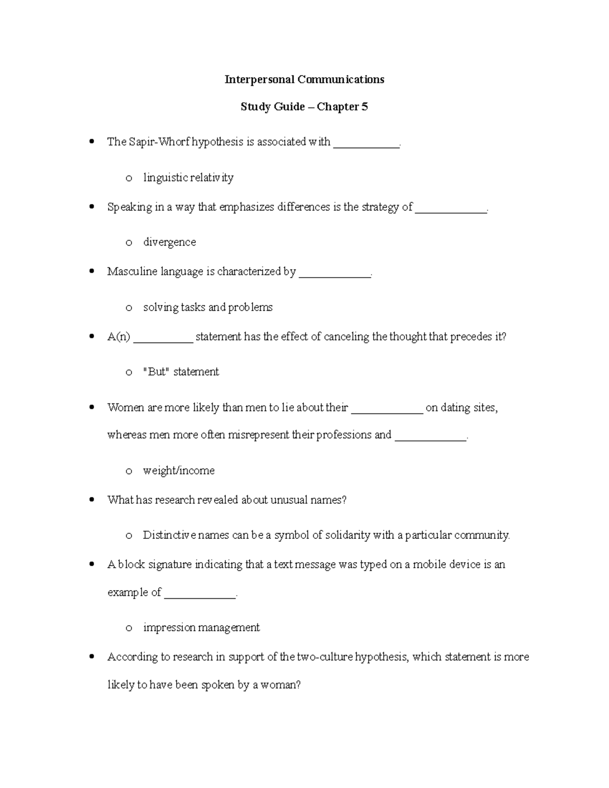 Interpersonal Communications Chapter 5 Study Guide Notes Studocu