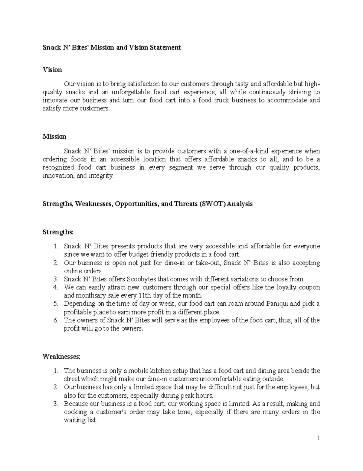 Business-Enterprise - yes - Snack N’ Bites’ Mission and Vision ...