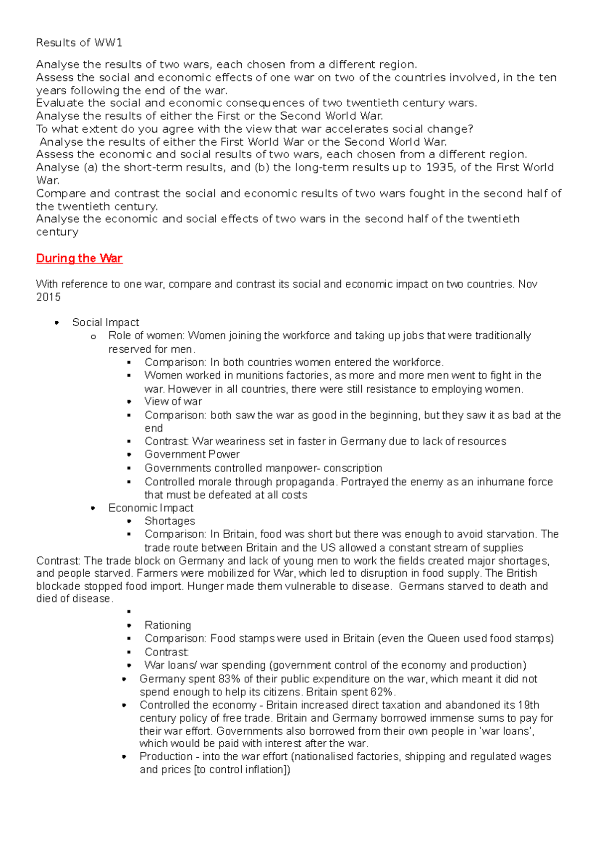 IB History: Social & Economic Effects of WW1 (Results Summary) - Studocu