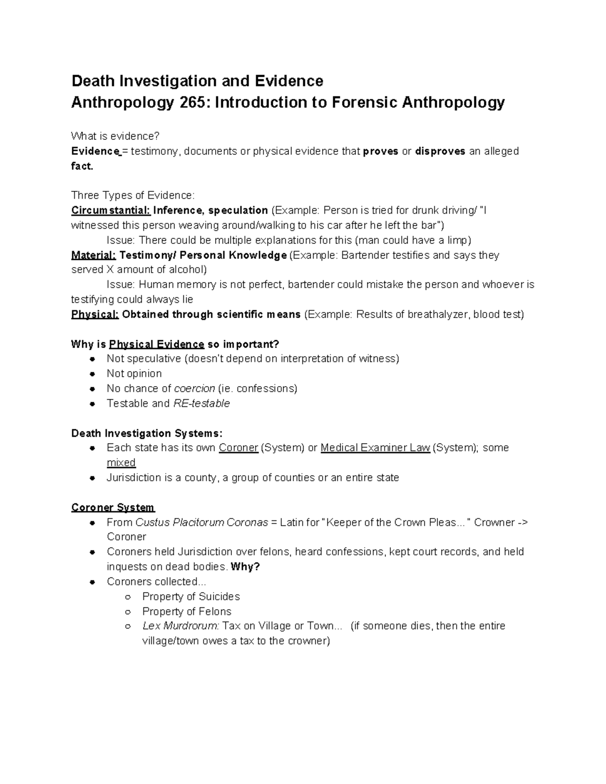 Understanding Death Investigation & Evidence - ANTH 265 Lecture Notes ...
