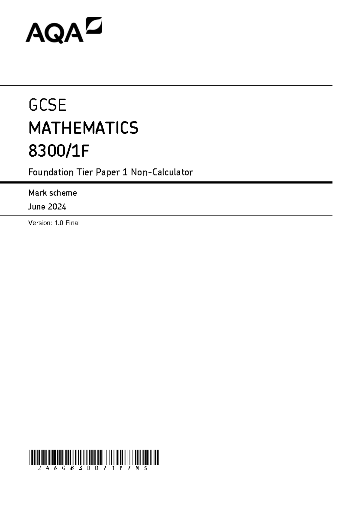 GCSE MATHEMATICS Foundation Tier Paper 1 Mark Scheme June 2024 - Studocu