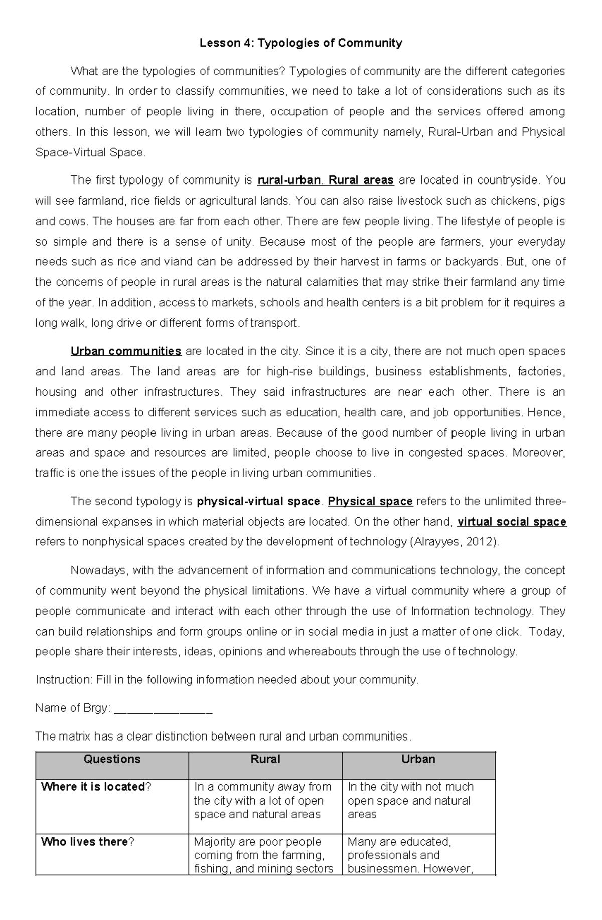 Lesson 4: Community Typologies - Rural vs Urban Analysis - Studocu