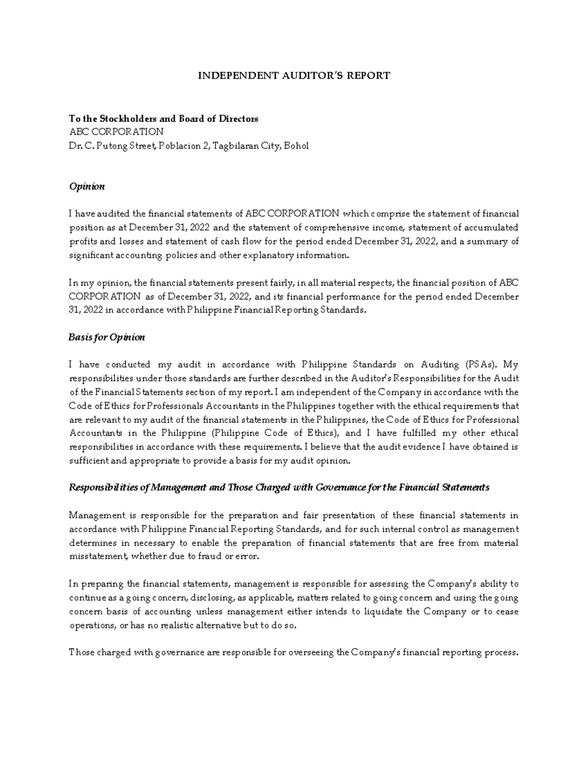 Independent Auditor's Report (Unqualified) - ABC Corp Sample Audit - Studocu