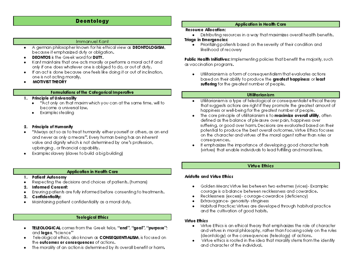 Bioethics: Deontology, Teleology, and Virtue Ethics Overview - Studocu