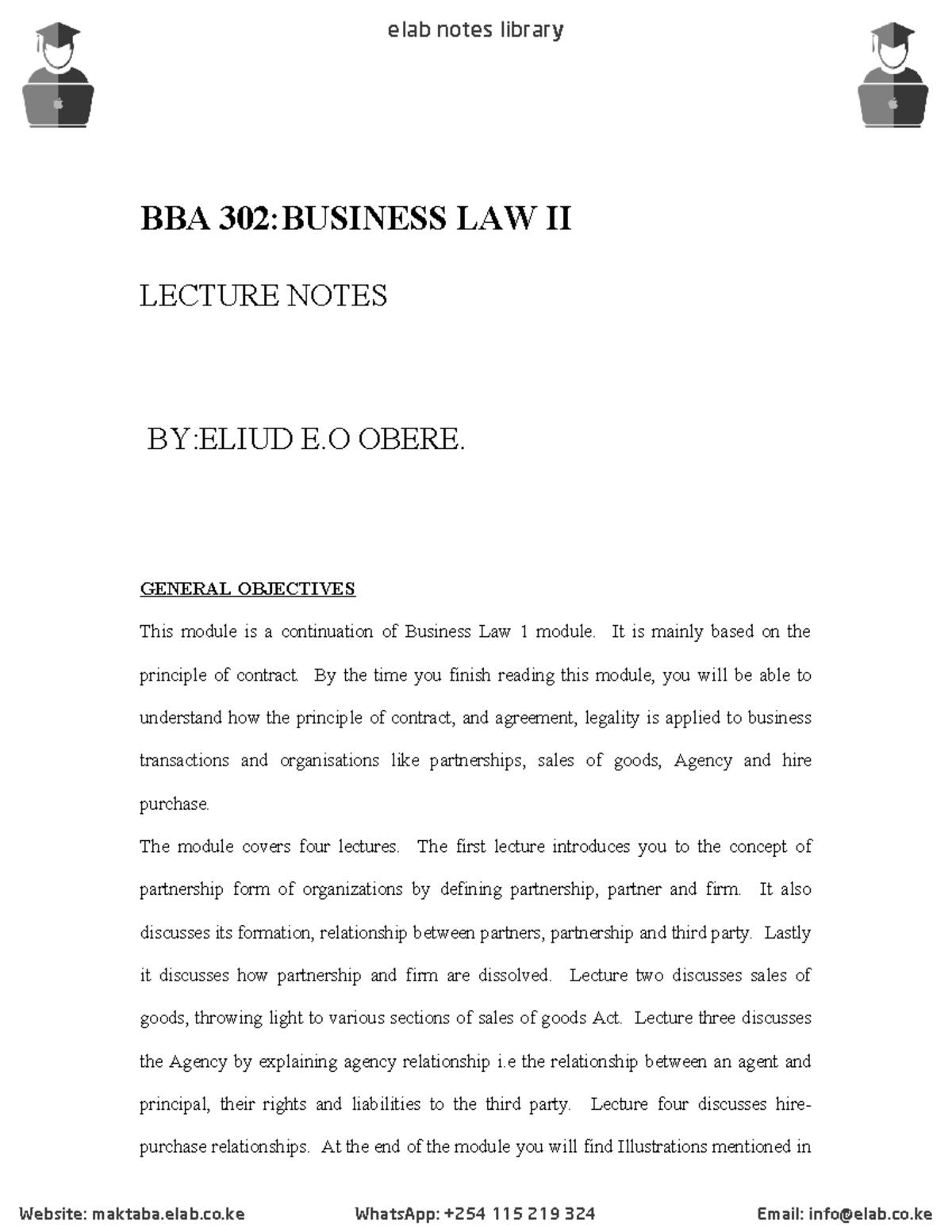 BBA 302 - Business Law II Lecture Notes on Contracts and Partnerships ...