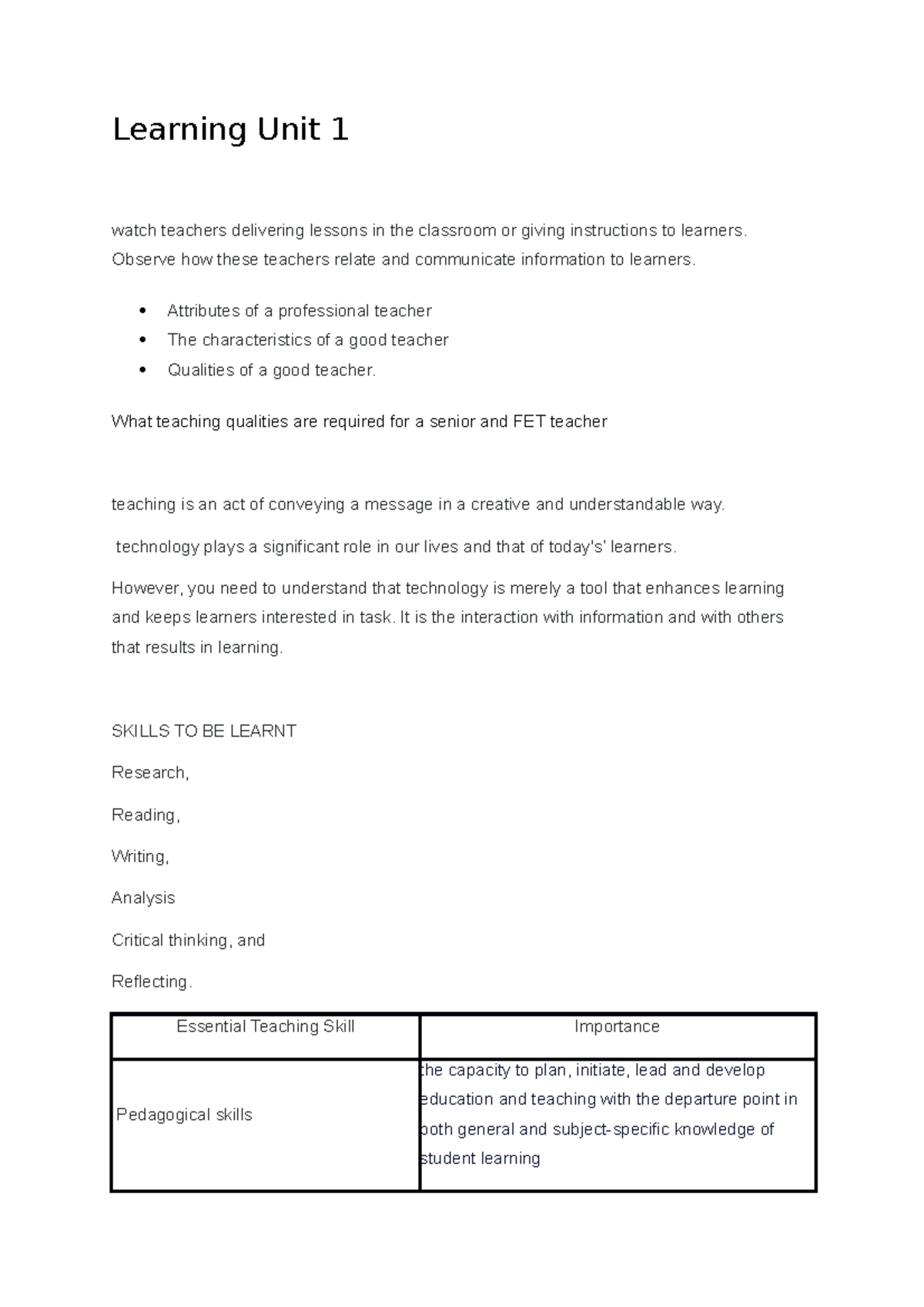 Assignment 1 & 2 - Summary of Teaching Skills & Learning Activities ...