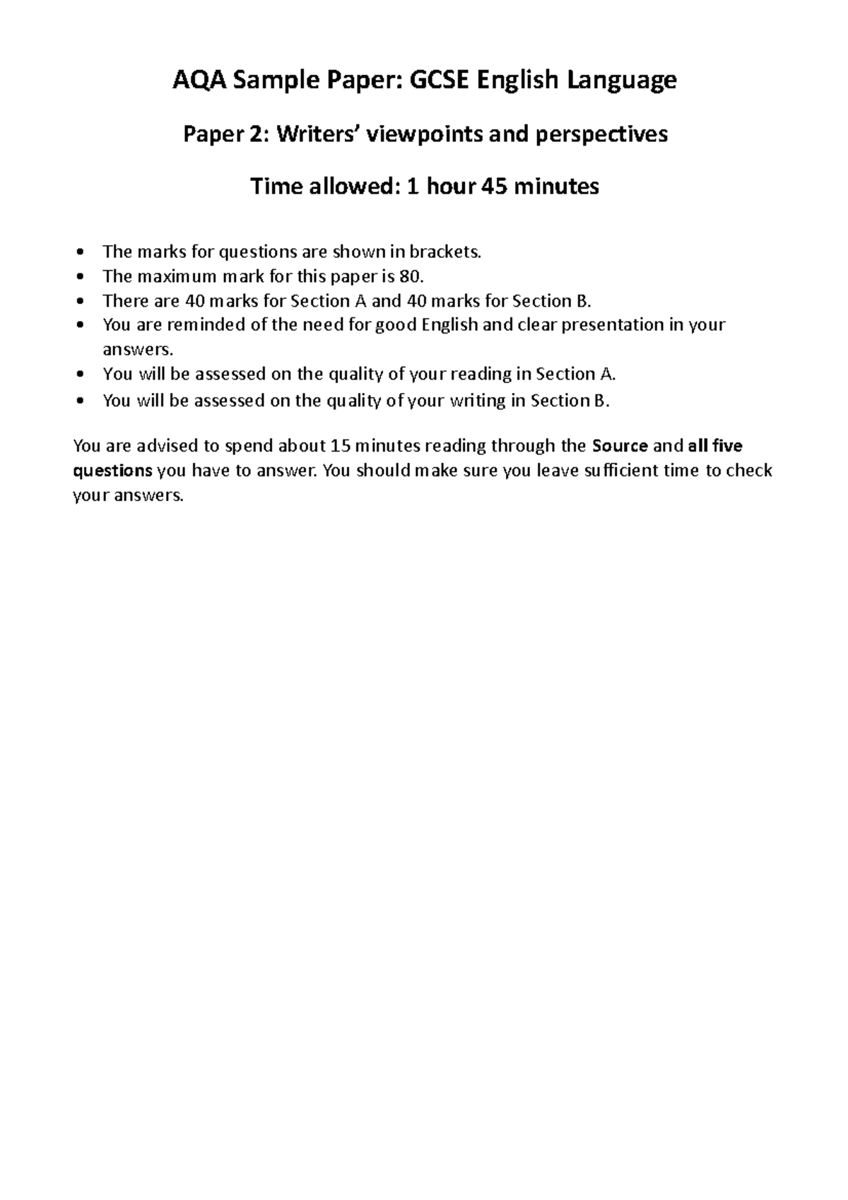 AQA GCSE English Language Paper 2: Sample Questions & Sources - Studocu
