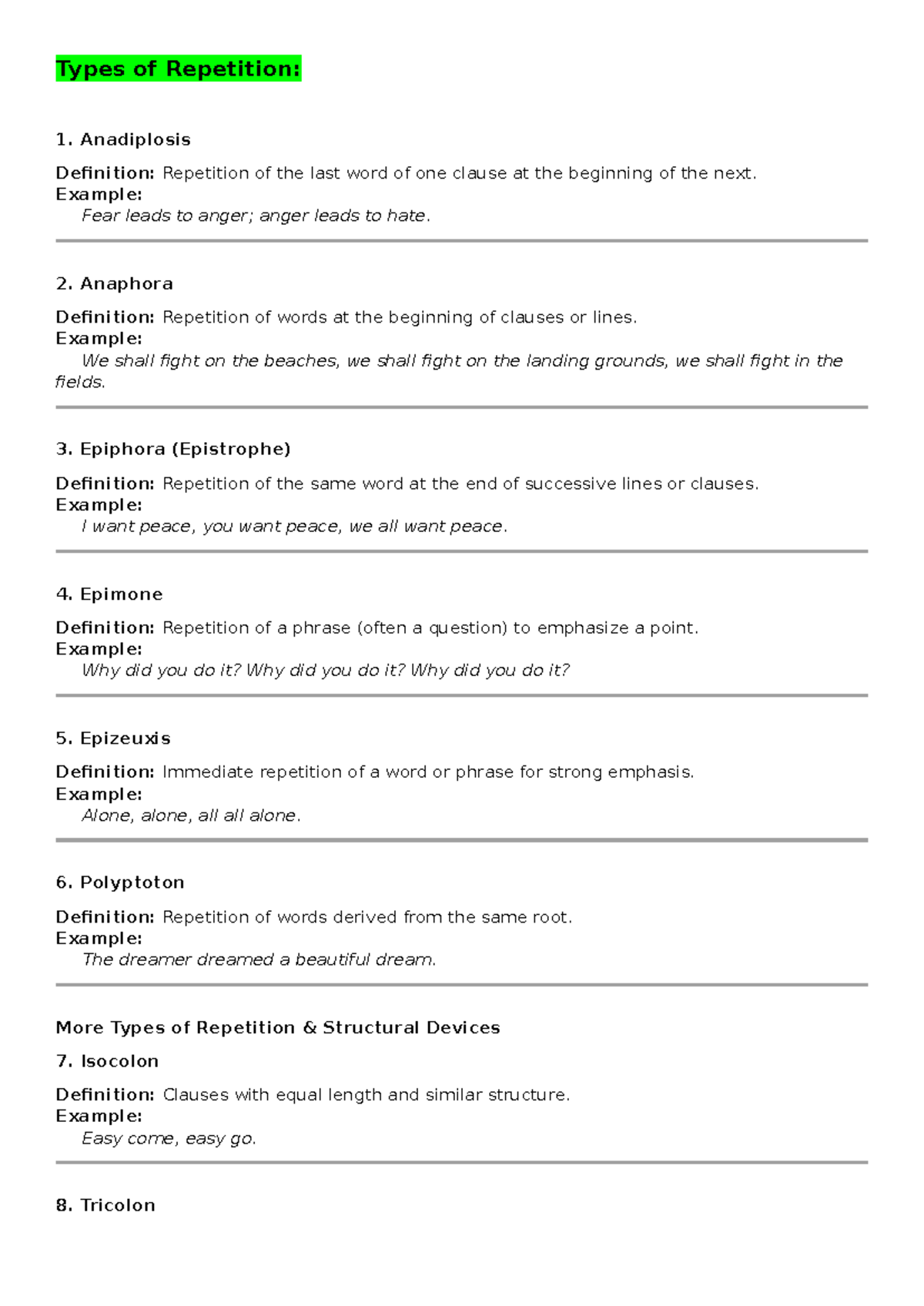 Types of Repetition in Rhetoric: Definitions & Examples - Studocu