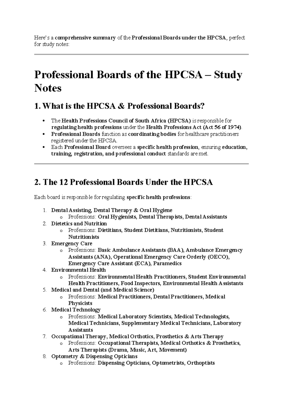 HPCSA Professional Boards Overview: Comprehensive Study Notes - Studocu