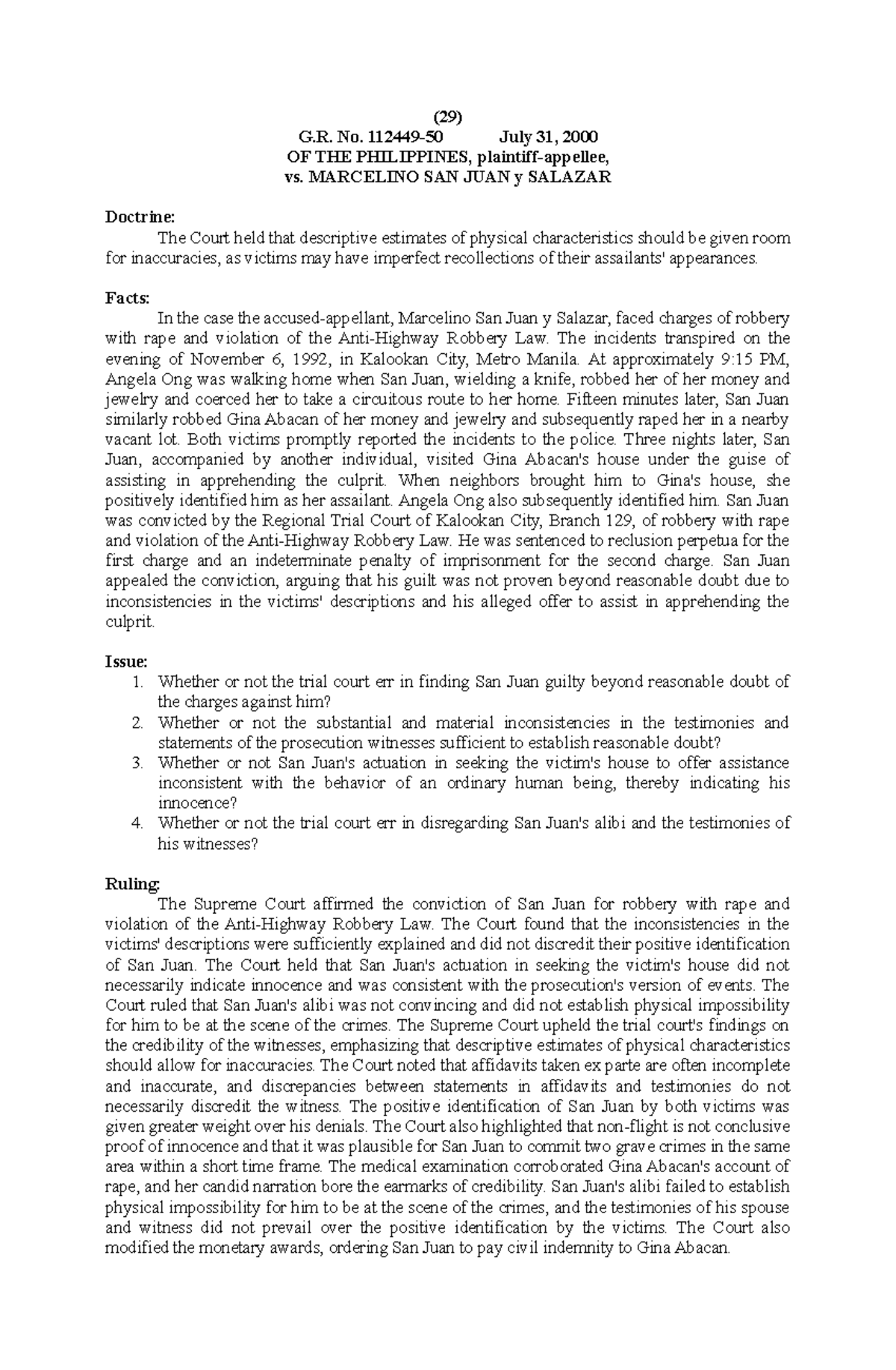 Case 29 People vs. Juan - Case Digest - (29) G. No. 112449-50 July 31 ...