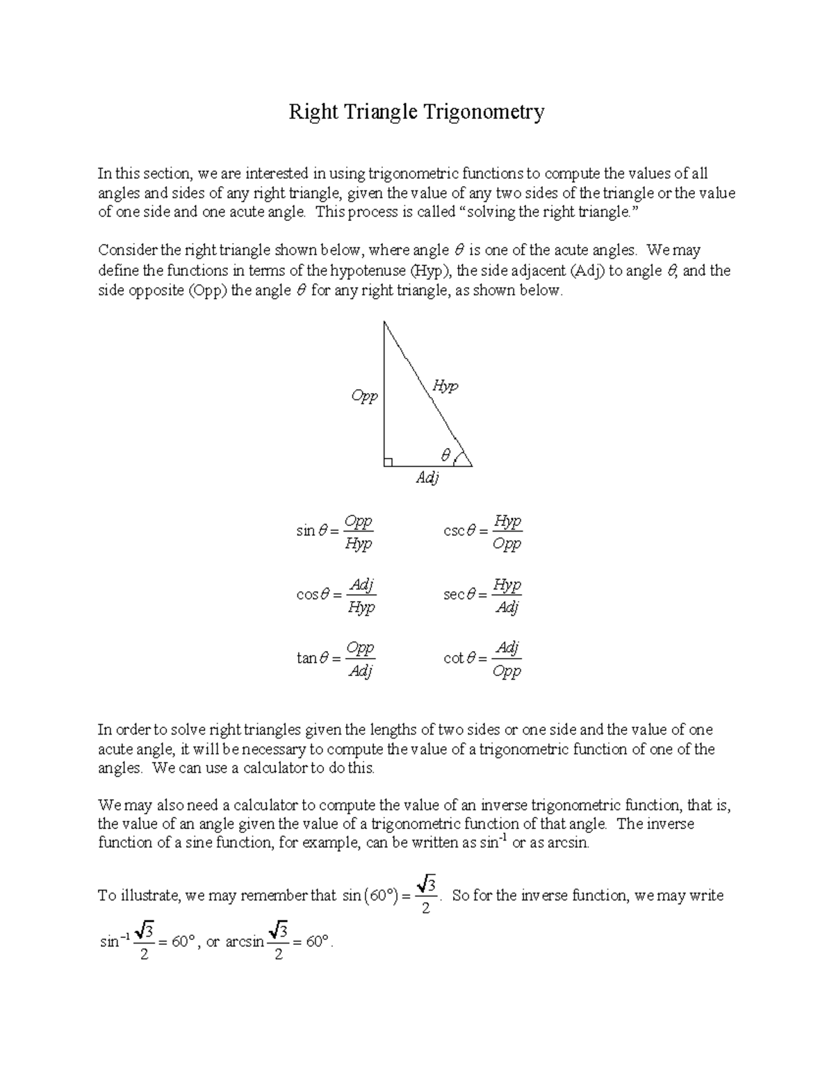 right angle trigonometry - Right Triangle Trigonometry In this section ...
