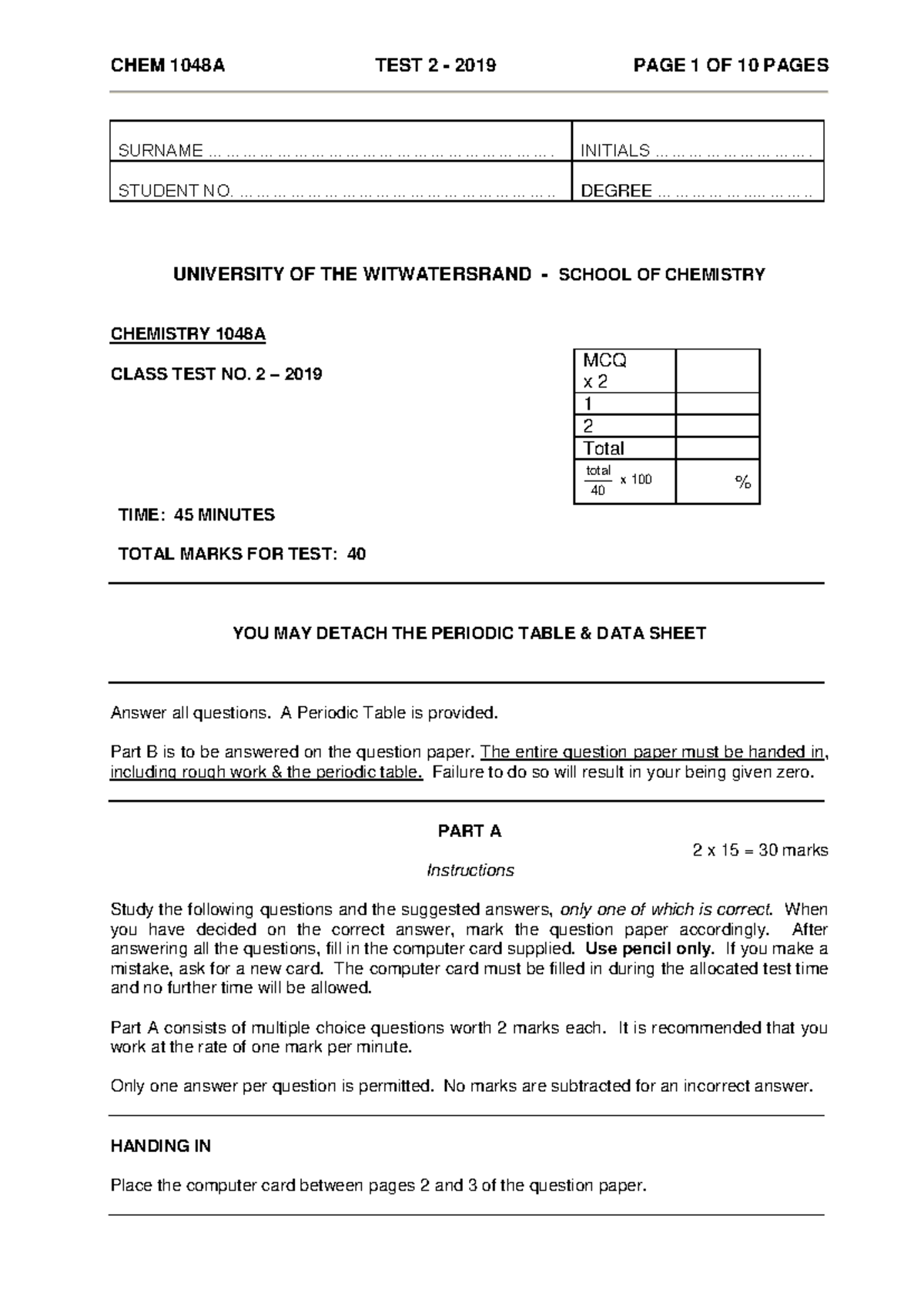 CHEM 1048A TEST 2 2019 - Chemistry Past Paper Questions - Studocu