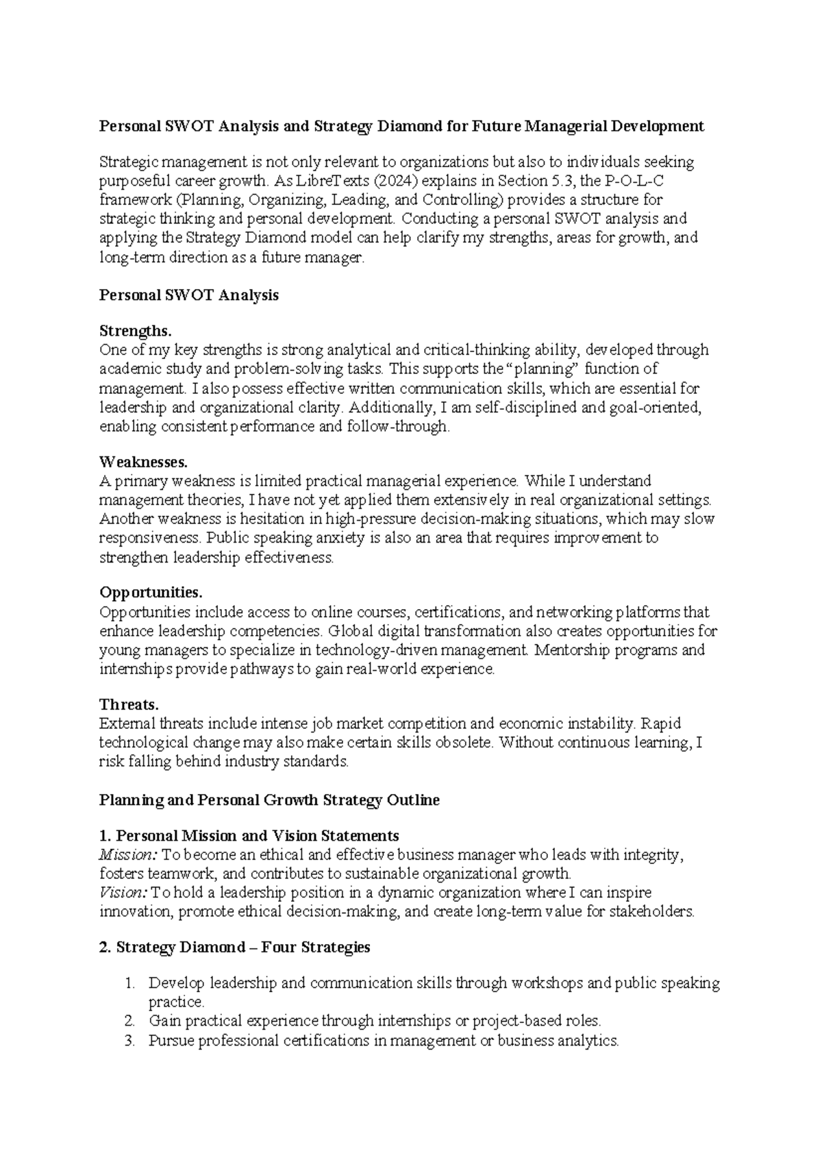 Personal SWOT Analysis & Strategy Diamond for Future Managers (Unit 3 ...