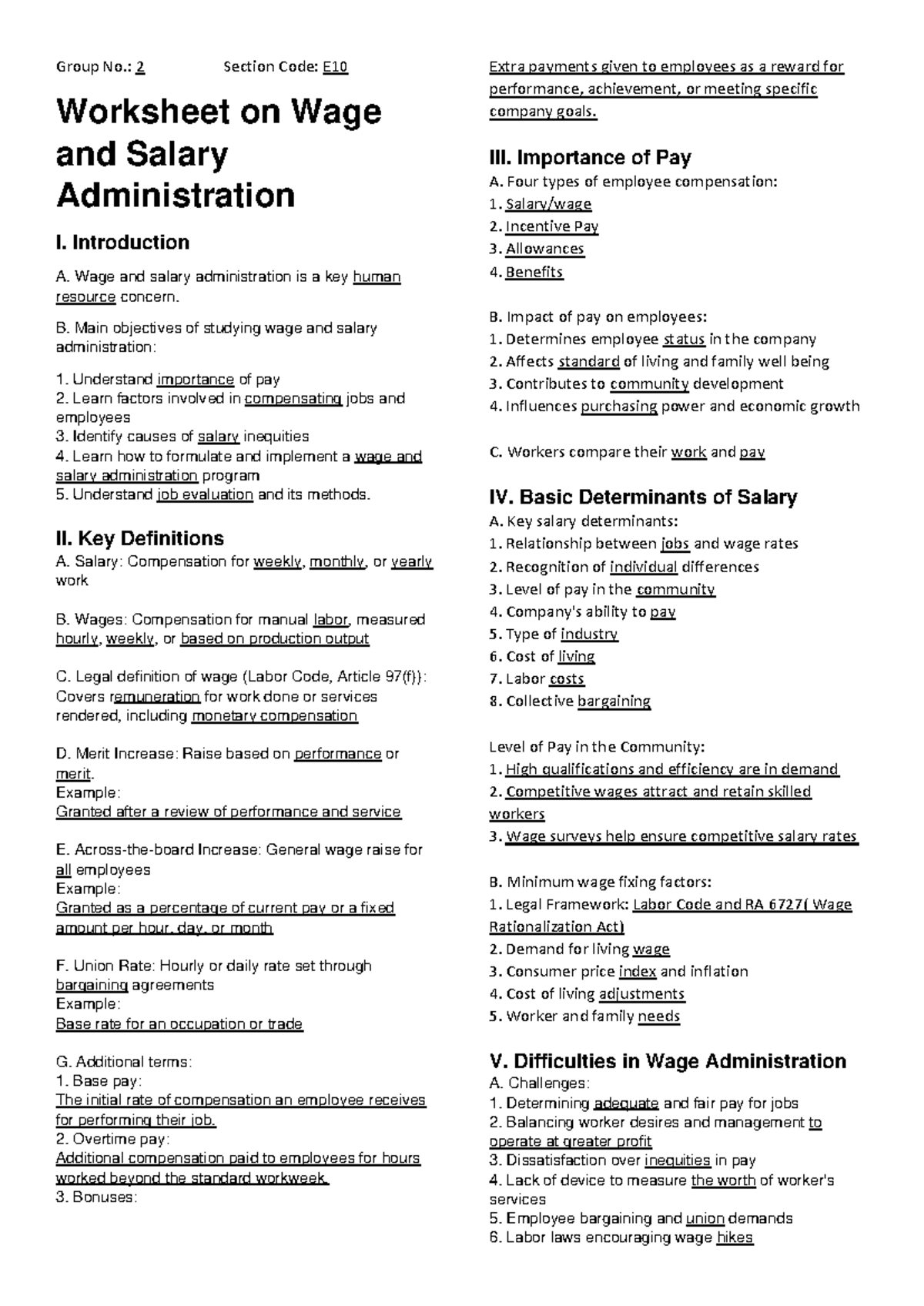 Group 2 Worksheet on Wage and Salary Administration - Group No.: 2 ...