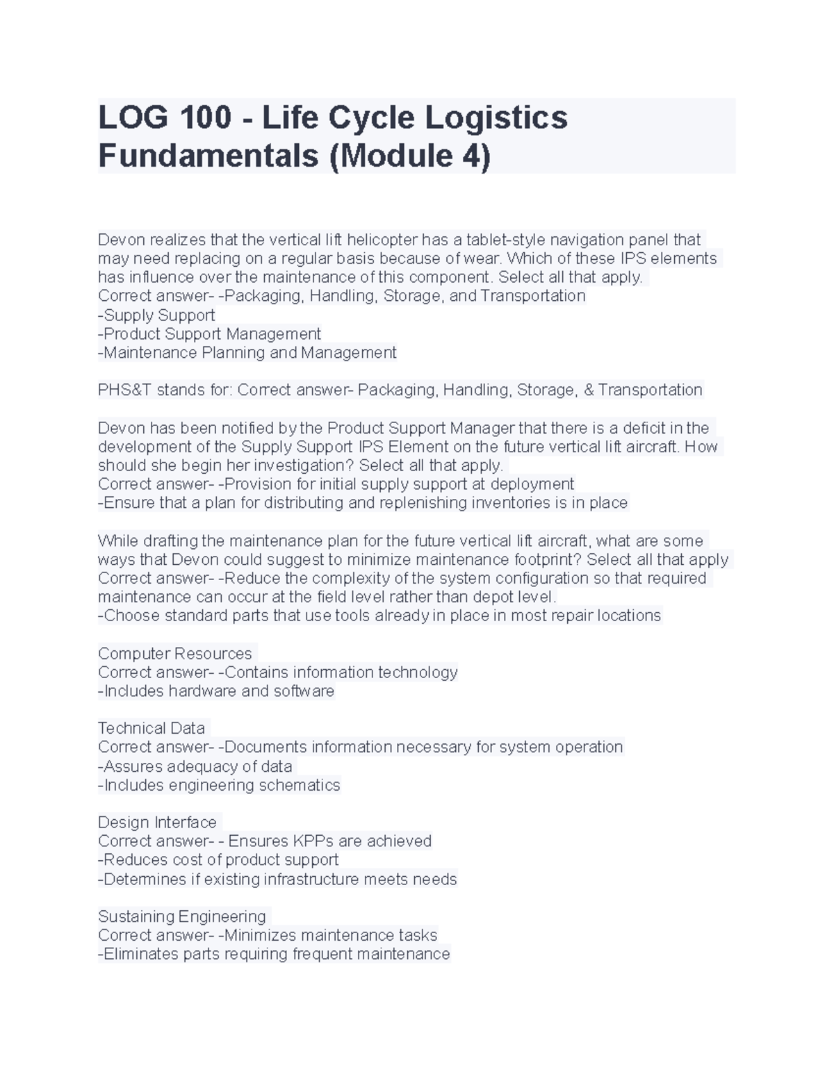 LOG 100 - Life Cycle Logistics Fundamentals (Module 4) - Which of these ...