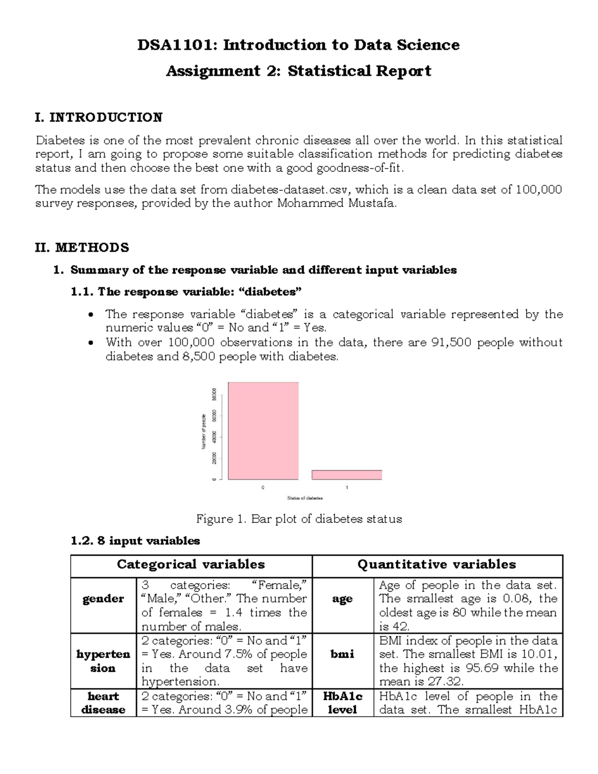 DSA1101: Statistical Report on Diabetes Prediction Models - Studocu