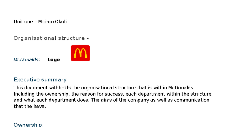 Unit 1: Organisational Structure of McDonald's - A Comprehensive ...