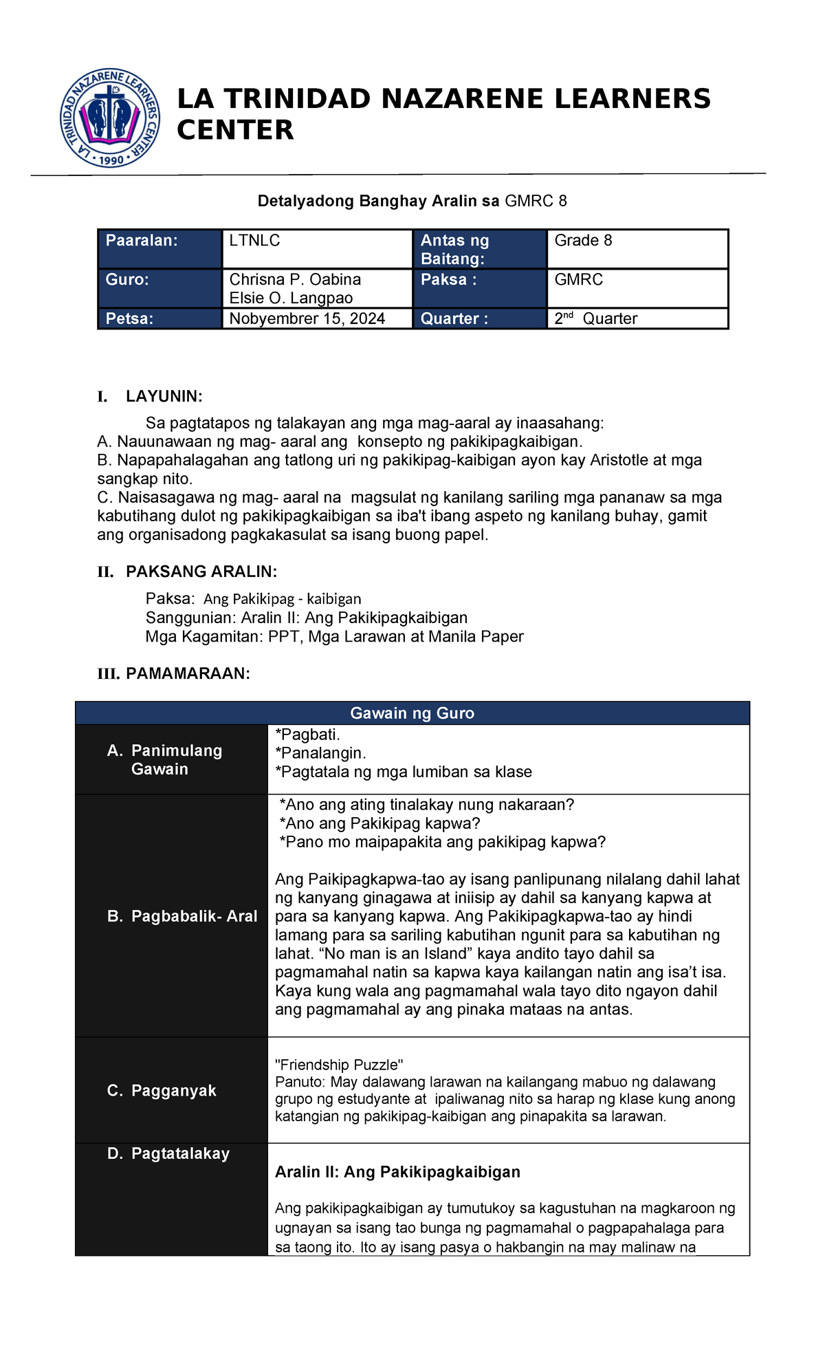 Brief- Lesson-PLAN-1 grade 8 - Detalyadong Banghay Aralin sa GMRC 8 ...