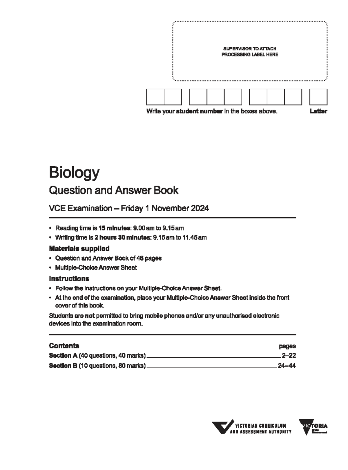 2024 VCE Biology Exam Question and Answer Book - Studocu
