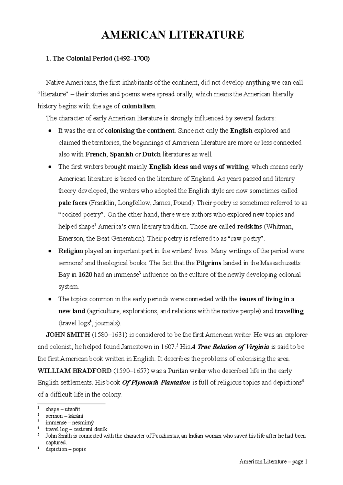 American literature - AMERICAN LITERATURE 1. The Colonial Period (1492 ...