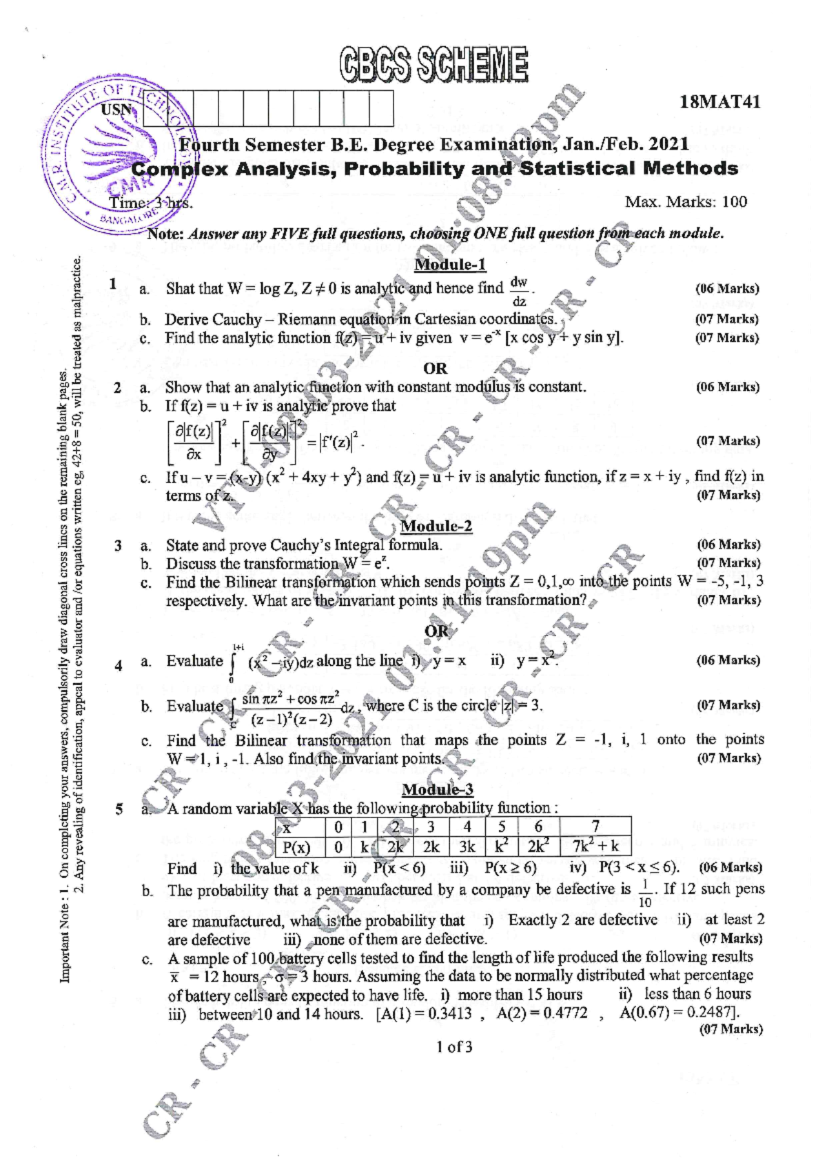 VTU Question Paper of 18MAT41 Complex Analysis, Probability and Statistical Methods Jan-2021 ...