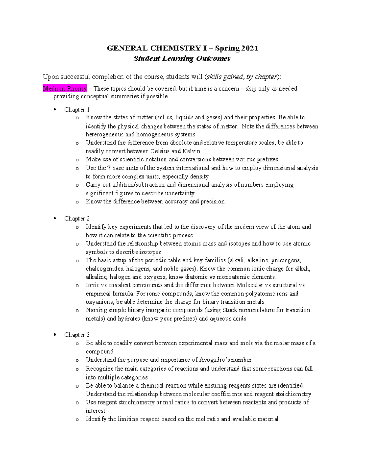 Chem003-Student Learning Outcomes - GENERAL CHEMISTRY I – Spring 2021 ...