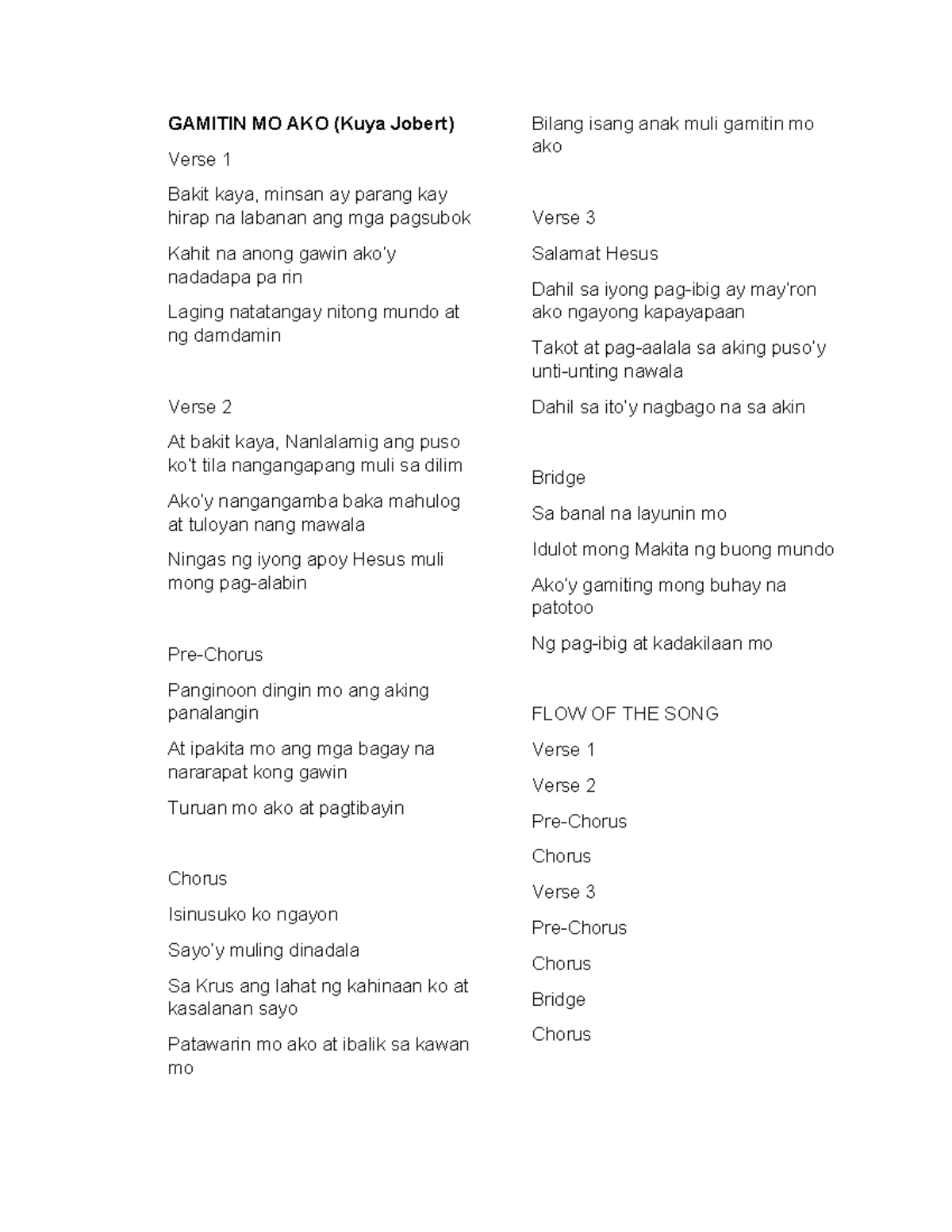 Lyrics Analysis of "Gamitin Mo Ako" by Kuya Jobert - Studocu