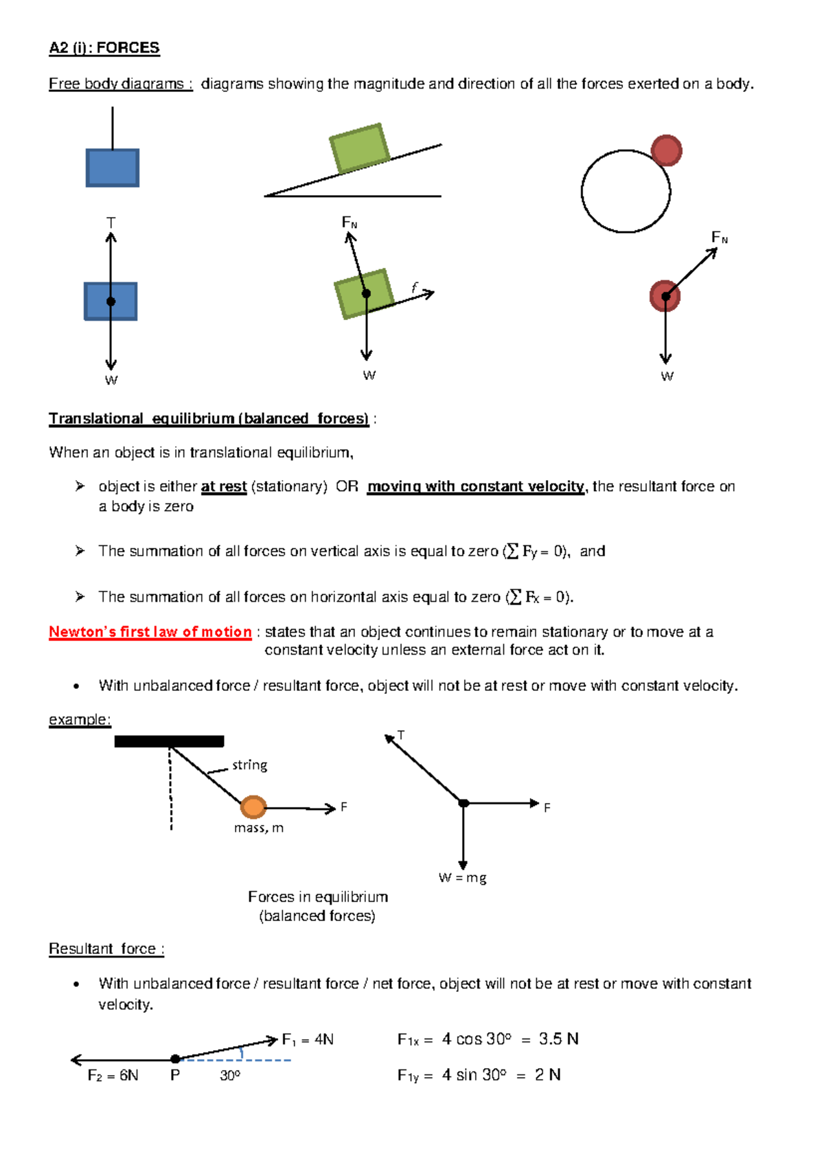A2 (i): Forces and Free Body Diagrams - Concepts and Examples - Studocu