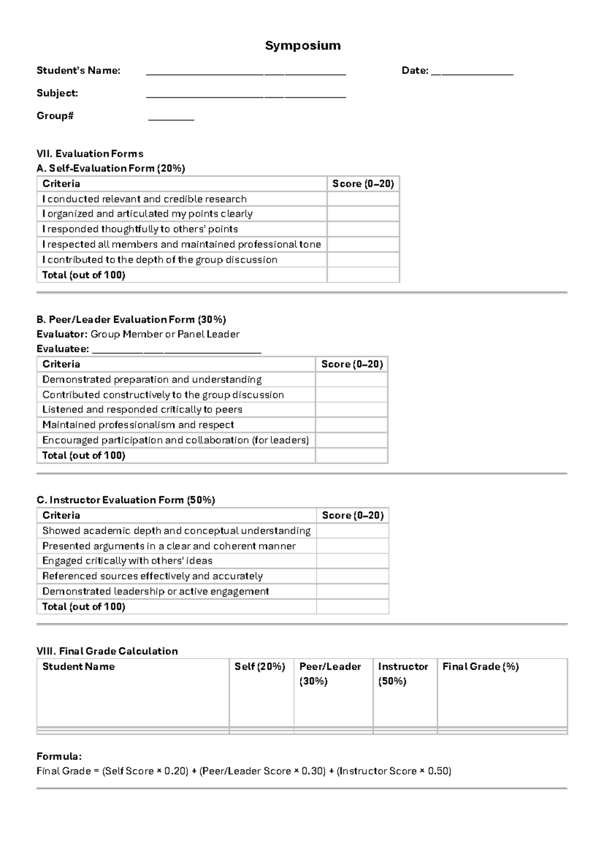 Finals Symposium Evaluation Forms and Grading Criteria - Studocu