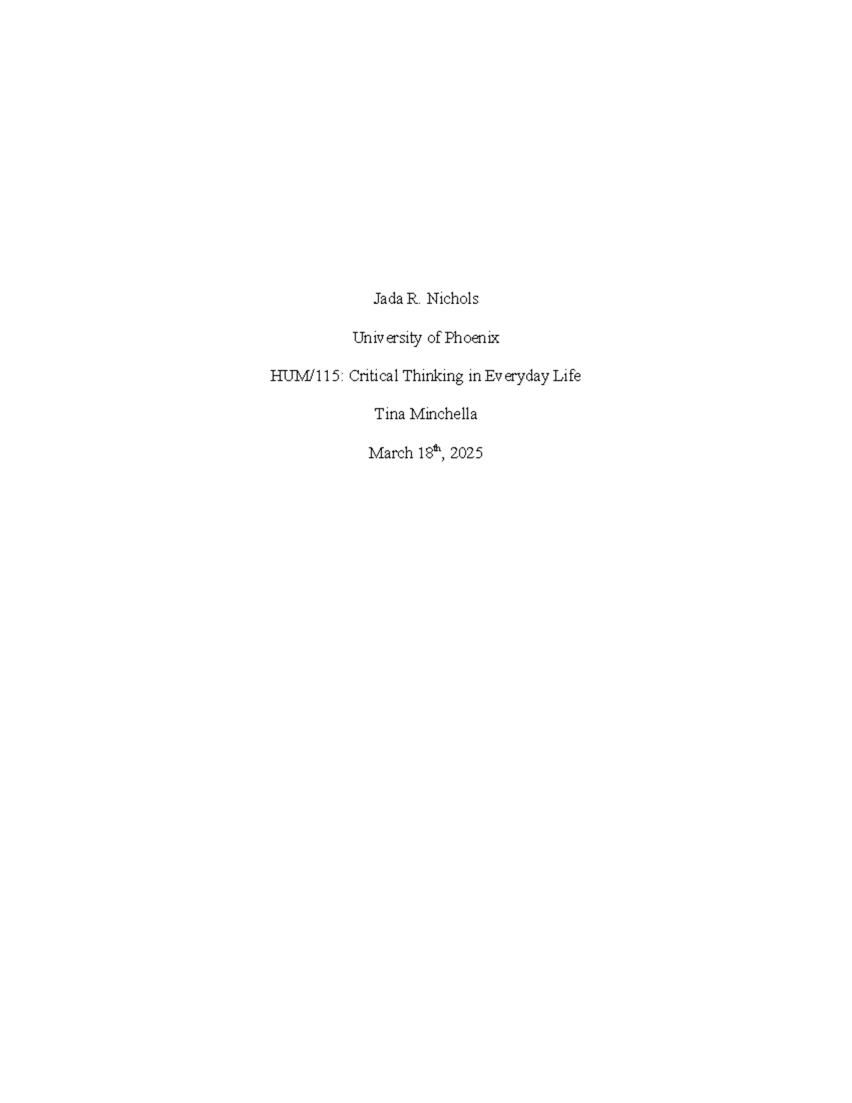 HUM 115 Week 2 Summative Assessment: Critical Thinking in Job Choices ...