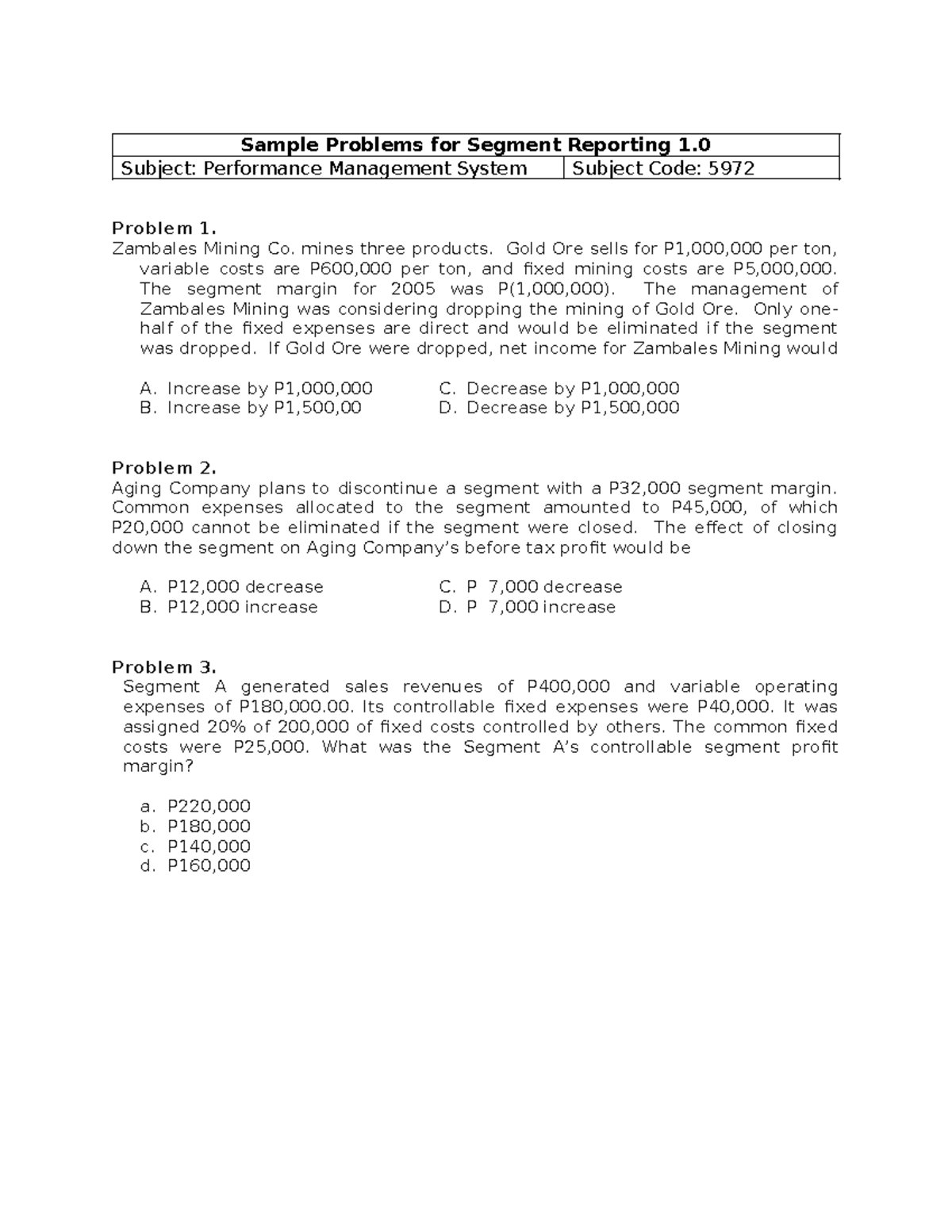 Segment Reporting Sample Problems - Performance Management 5972 - Studocu