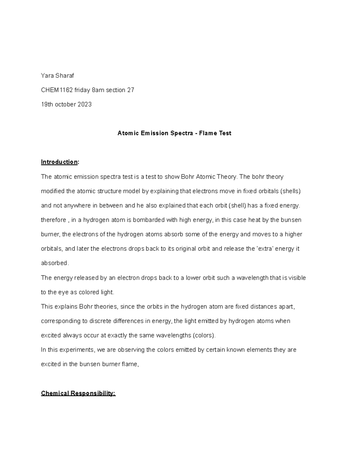 CHEM1162 Lab Report: Atomic Emission Spectra & Flame Test Analysis ...