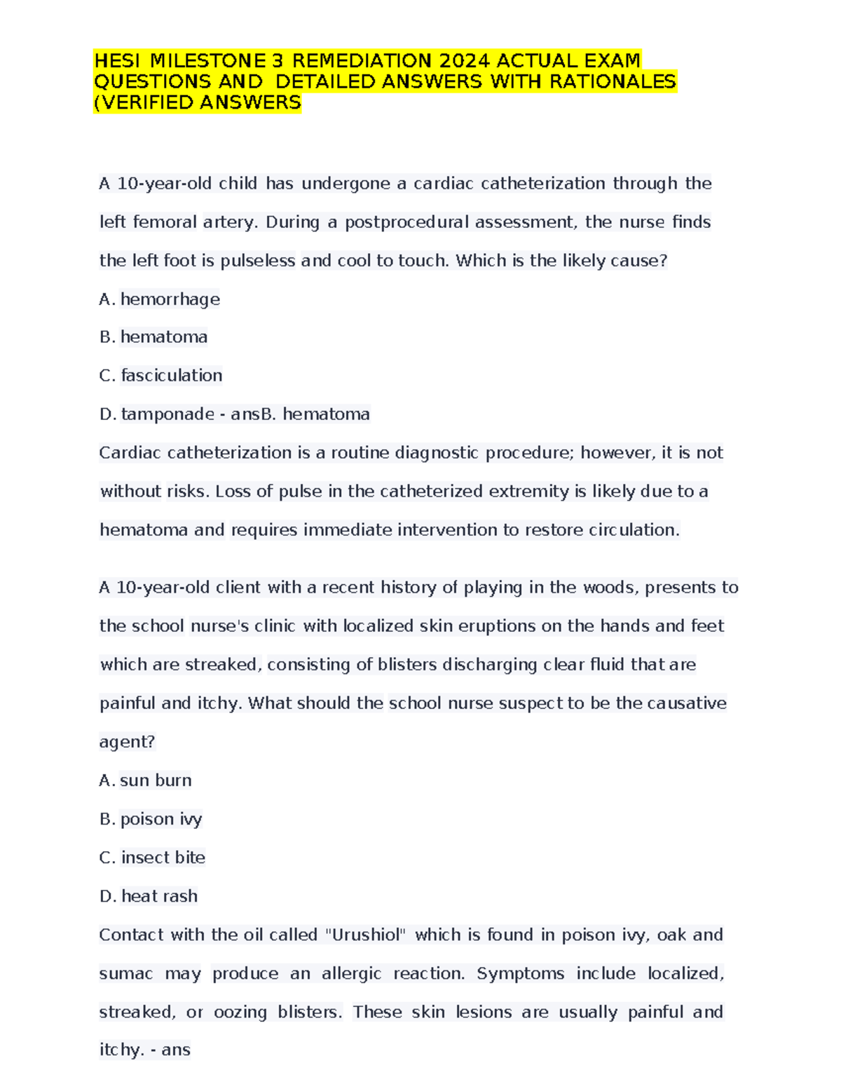 HESI MILESTONE 3 REMEDIATION 2024: 200 EXAM QUESTIONS & DETAILED ...
