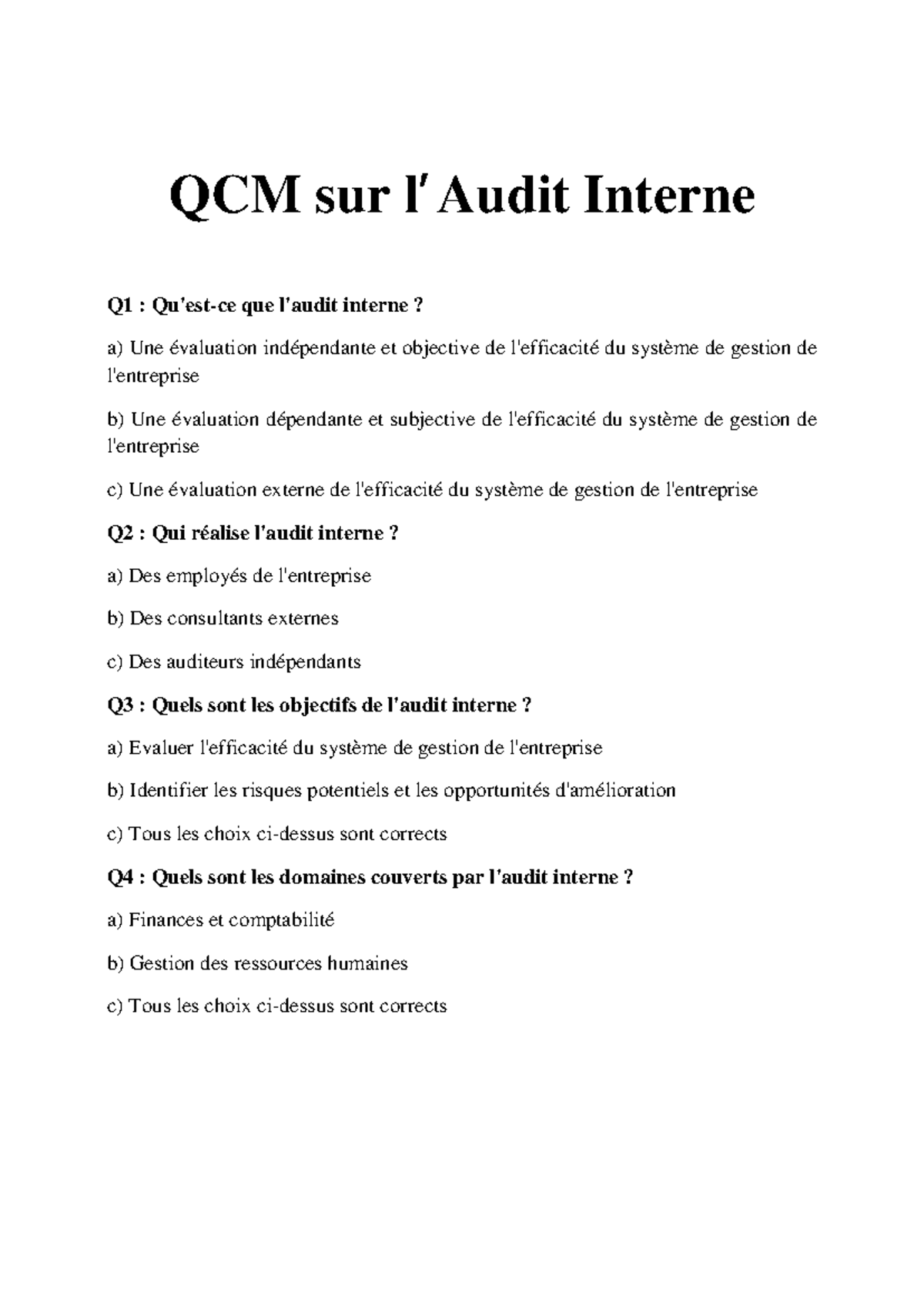 QCM Audit Interne : Évaluation et Rôle de l'Audit Internes - Studocu
