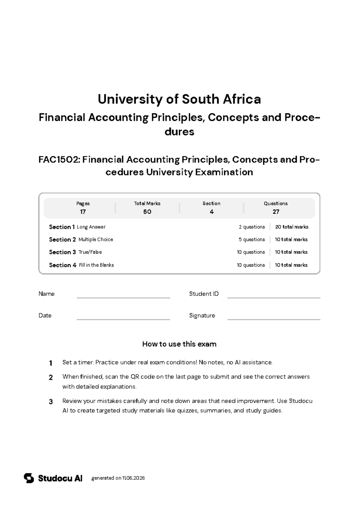 FAC1502: Financial Accounting Principles Final Exam - Studocu