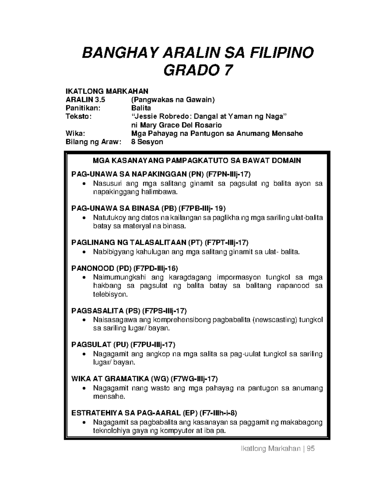 3.5 (Balita) - Grado 7 Lesson Plan sa Pagsulat ng Ulat-Balita - Studocu